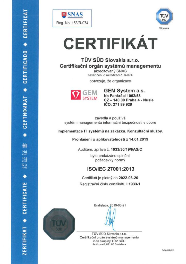 ISO certifikace pro GEM System – GEM System a.s.